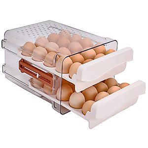 Sooyee 40 Capacity Egg Container for Refrigerator, Household Egg Holder for Fridge, Transparent 2 Drawers Chicken Egg Storage Container,White