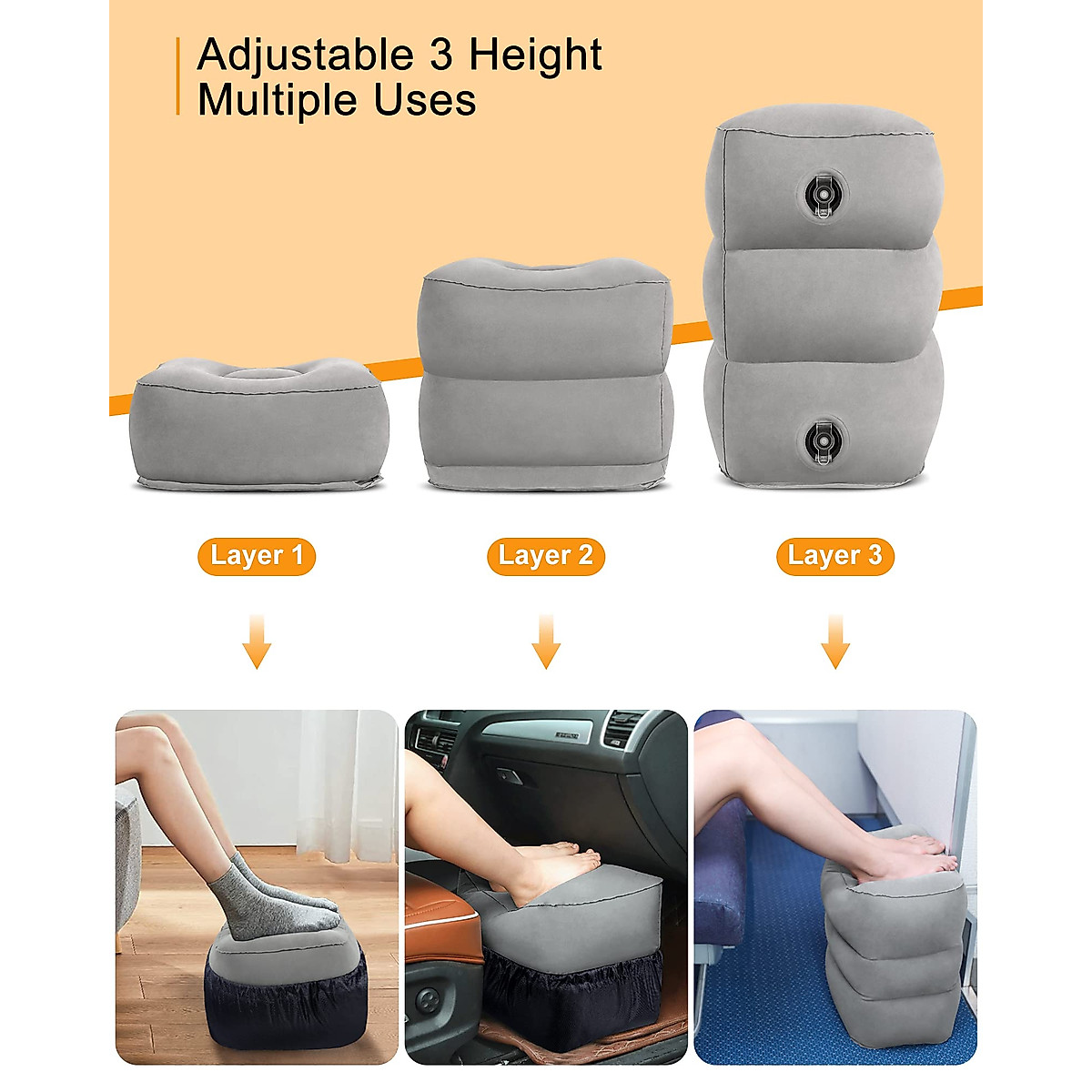 BLABOK Inflatable Foot Rest for Air Travel, Airplane Footrest Adjustable Height Travel Foot Pillow for Kids & Adults on Plane,Car,Train,Office (Grey)