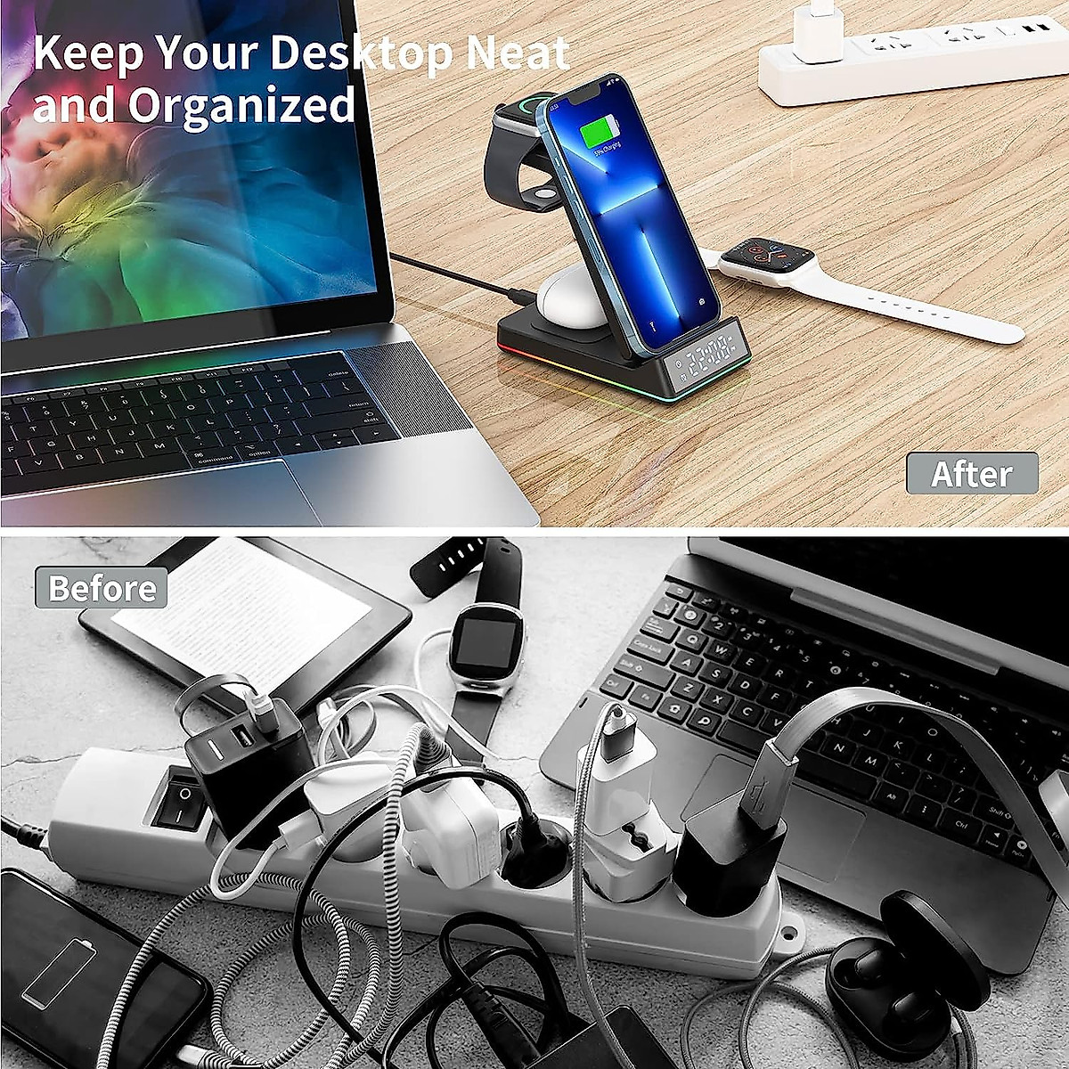 Wireless Charging Station, 5 in 1 Wireless Charger [with Alarm/Clock/Night Light] 15W Wireless Charging Dock Stand for iPhone 14/13/12/11,Samsung Phones,Apple Watch Series & Airpods