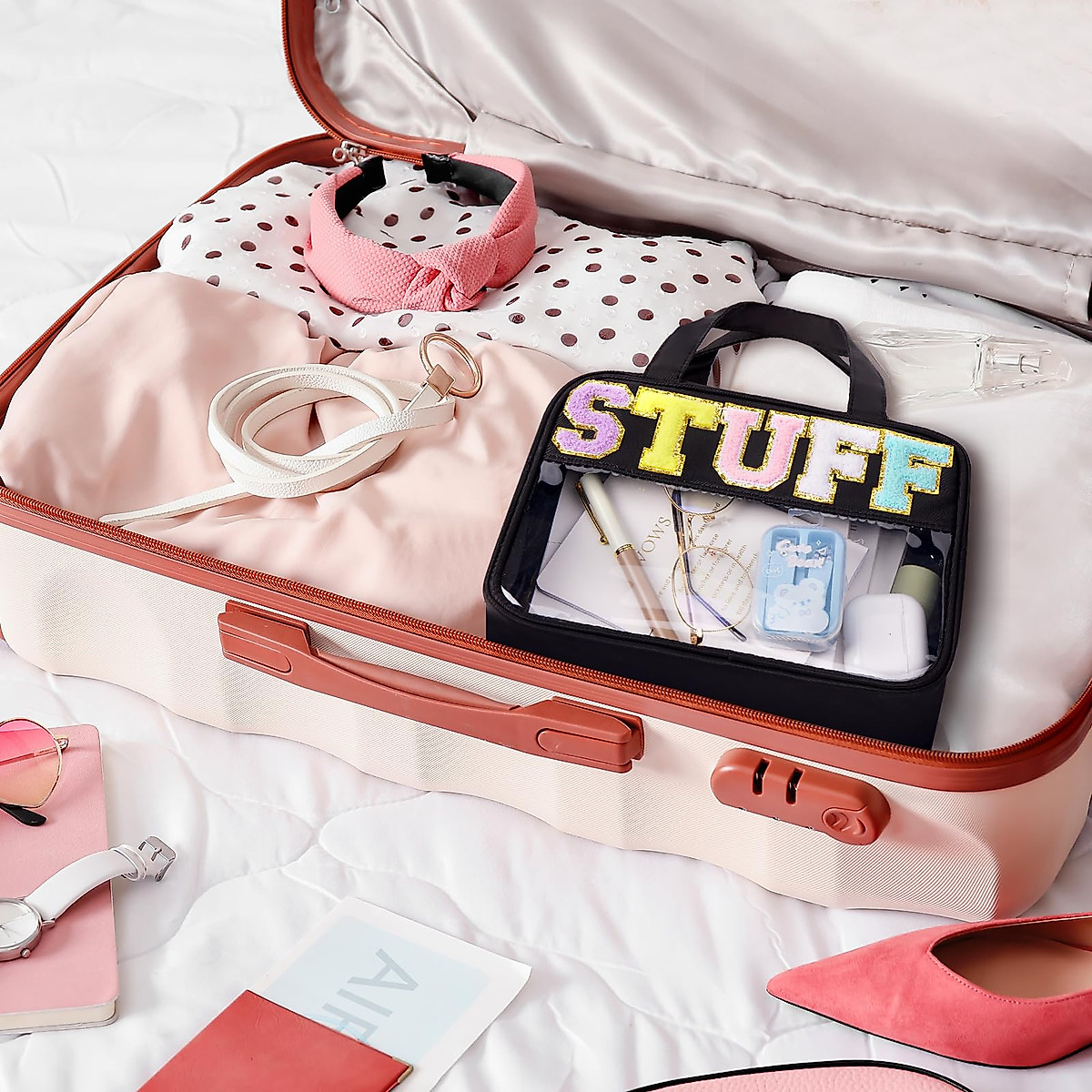 SIMBOOM Clear Letter Makeup Bag, Black, L Size, Clear Bag