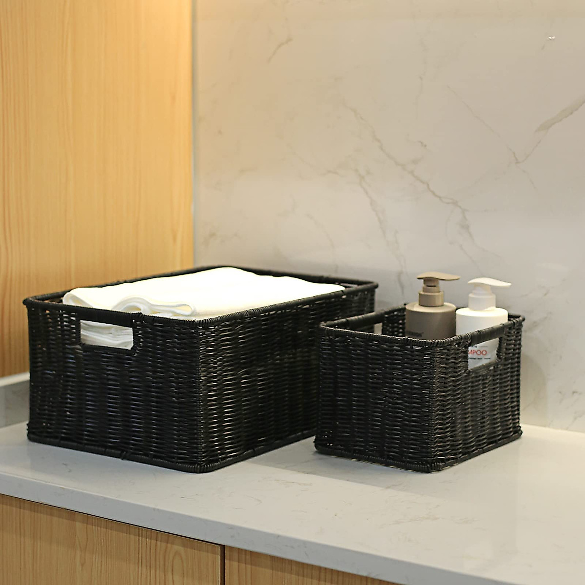 HOONEX Large Wicker Baskets for Storage, Woven Plastic Baskets for Organizing with Dual Handles, Baskets for Storage, Set of 3, Black