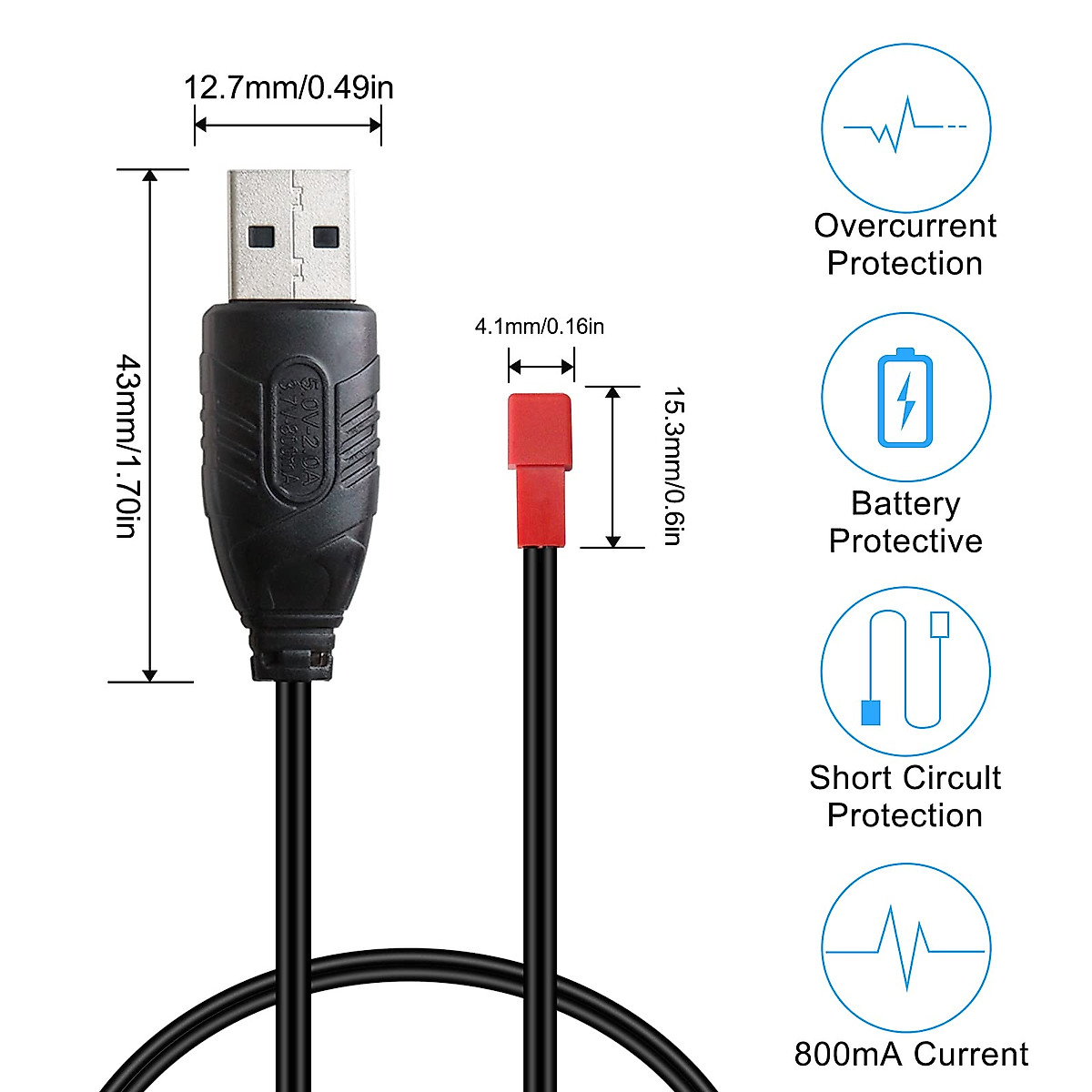 KBT 2-Pack JST-2P USB Charger Cable for 3.7V Li-ion RC Car Battery, 800mA Charging Speed Compatible for 3.7V RC Car Battery