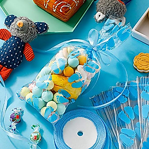 100 Pieces Baby Print Cellophane Treat Bags Baby Footprint Candy Bags Baby Shower Party Favor Bags with Ribbons for Baby Shower Birthday Party Supplies (Blue)