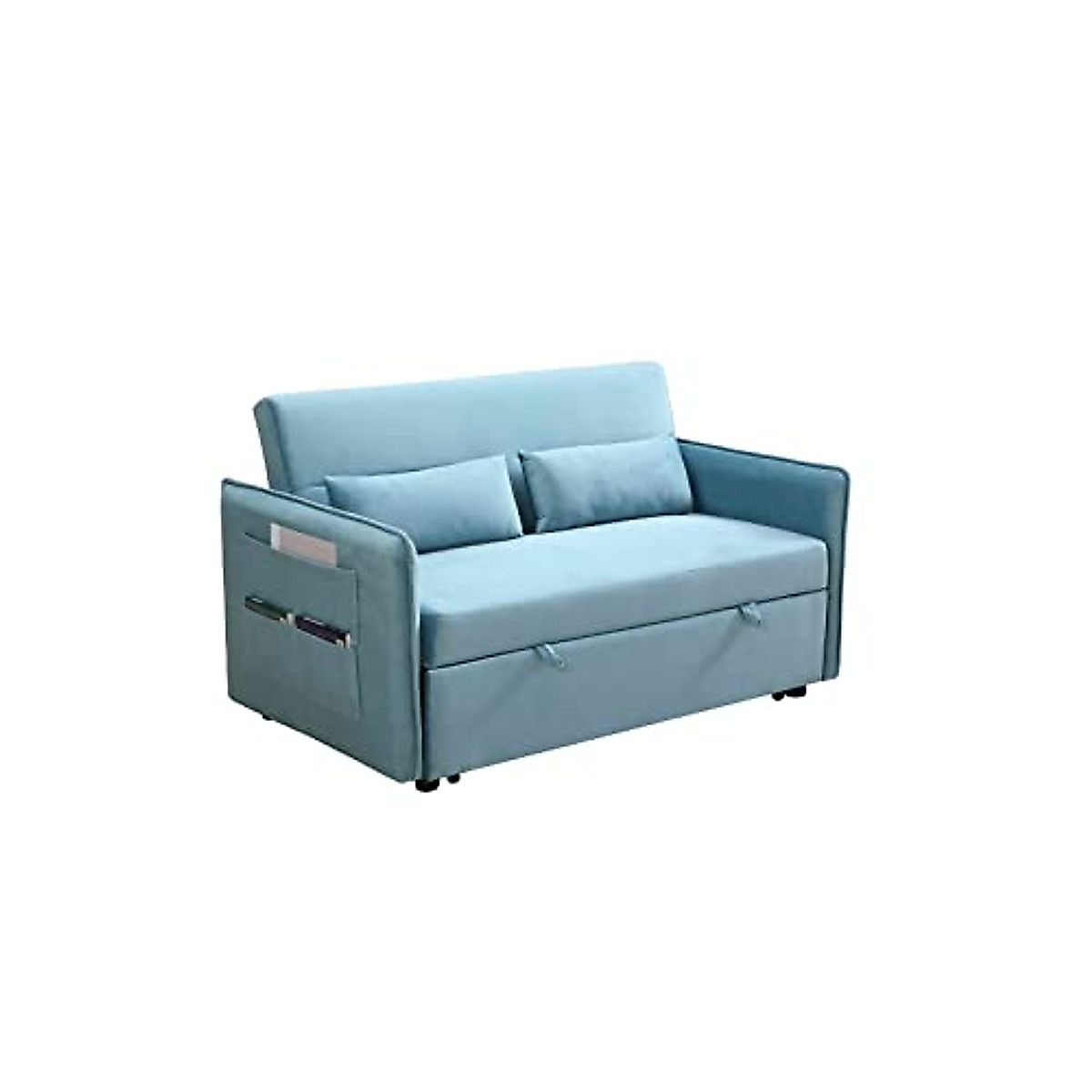 Cotoala Modern Velvet Convertible Loveseat Sleeper Sofa with Adjustable Pull Out Bed w/Arms & Two Side Pockets, Two Lumbar Pillows, 2 Seat Couch Living Room and Apartment, Blue