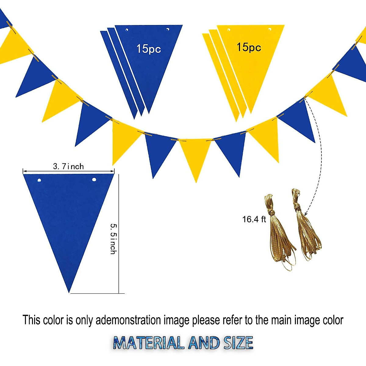 20 Feet Double Sided Navy Blue and Yellow Glitter Pennant Banner - Paper Triangle Flags Bunting - Party Decoration Supplies - Great for Birthday, Wedding, or Any Parties Events