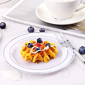 bUCLA 100Pieces Silver Plastic Plates -6.25inch Disposable Salad/Dessert Plates- White with Silver Rim Premium Hard Plastic Appetizer Plates/Small Cake Plates for Weddings,Parties&Christmas