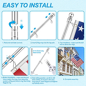 Upgraded Flag Pole Kit w/ 2-Position Bracket Holder & Rotating Flag Rings - 5FT to 6Ft 1" Metal Flagpole Kit for 3x5 & 4x6 American Flag - House Wall Mount Flag Pole for Residential (6 FT, Silver)