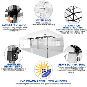 COBIZI 10x30 Heavy Duty Pop up Canopy with 8 sidewalls Stable Wedding Outdoor Tents for Parties Canopy Pop Up Party Tent UPF 50+ Waterproof Commercial Gazebo with Roller Bag, White(Windproof Upgraded)
