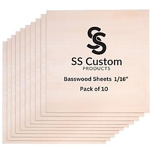 Basswood Sheets for Crafts - 10 Pack - 12 x 12 x 1/16 Inch - 1.5mm Thick Plywood Sheets with Smooth Surfaces - Bass Wood for Laser Cutting, Wood Burning, Architectural Models, Staining, Drawing