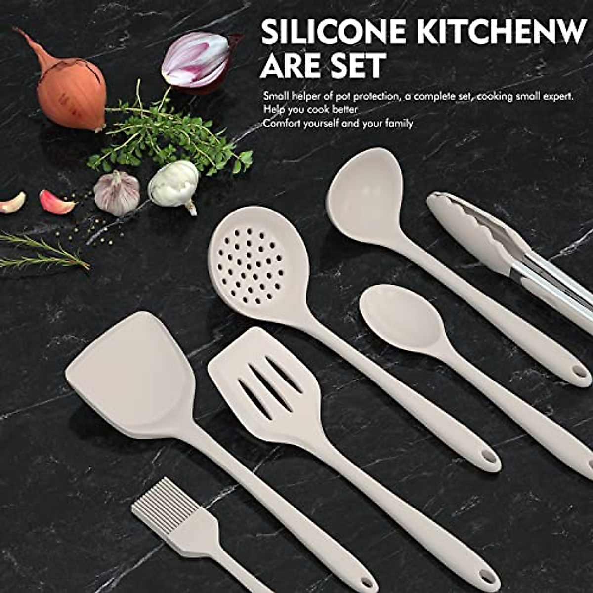 Dishwasher Safe Silicone Cooking Utensils Set - 446°F Heat Resistant Basic Silicone Kitchen Utensils,Turner Tongs, Spatula, Spoon, Brush, Whisk, Gadgets Tools for Nonstick Cookware (BPA Free - Khaki)