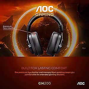 AOC Gaming GH200 Wired Gaming Headset with 2.0 Stereo Sound, Built-in Detachable Microphone, Premium Protein Leather, Integrated Control Panel and 3.5 mm Cable Connection