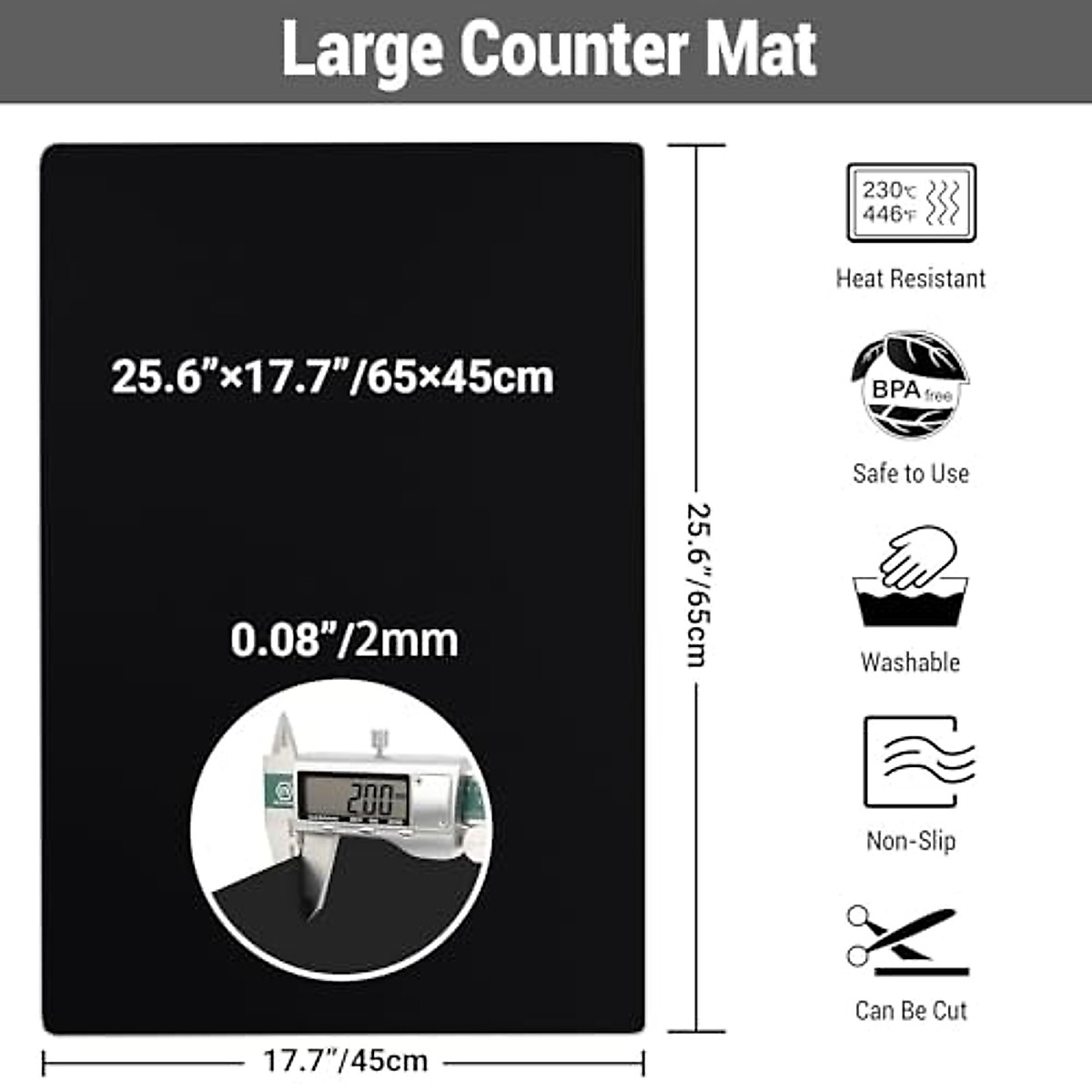 Ewen 25.6x17.7 Inch Large Silicone Kitchen Counter Mat, 2MM Thick Heat Resistant Countertop Protector, Silicone Mat Under Air Fryer, Toaster Oven, Microwave, Coffee Maker, Cutting Board, Drill, Black
