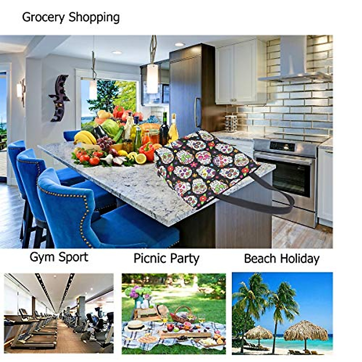 ZzWwR Chic Day of The Dead Sugar Skull Large Canvas Shoulder Tote Top Handle Bag for Gym Beach Travel Shopping