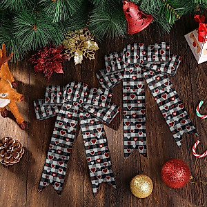 LANGFON Valentine's Day Fabric Ribbons 10 Yards, Valentine Heart Black White Buffalo Plaid Edge Wired Ribbon Gift Wrapping Wedding Party Decoration Tree Craft Supplies - 2.5 Inch x 10 Yards x 1 Roll