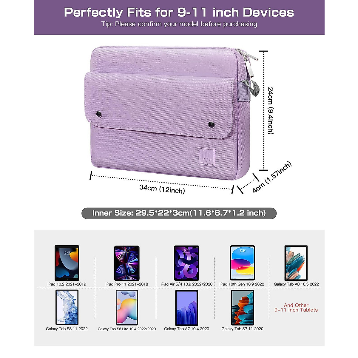 Dadanism 9-11" Tablet Sleeve Shoulder Bag for iPad Air 5/4 10.9, iPad Pro 11 M4 M2, iPad Air 11" 2024, iPad 10.2 9/8/7th, iPad 10th Gen 10.9, Galaxy Tab A9+/S9 FE/A8, Tablet Carrying Bag, Taro Purple