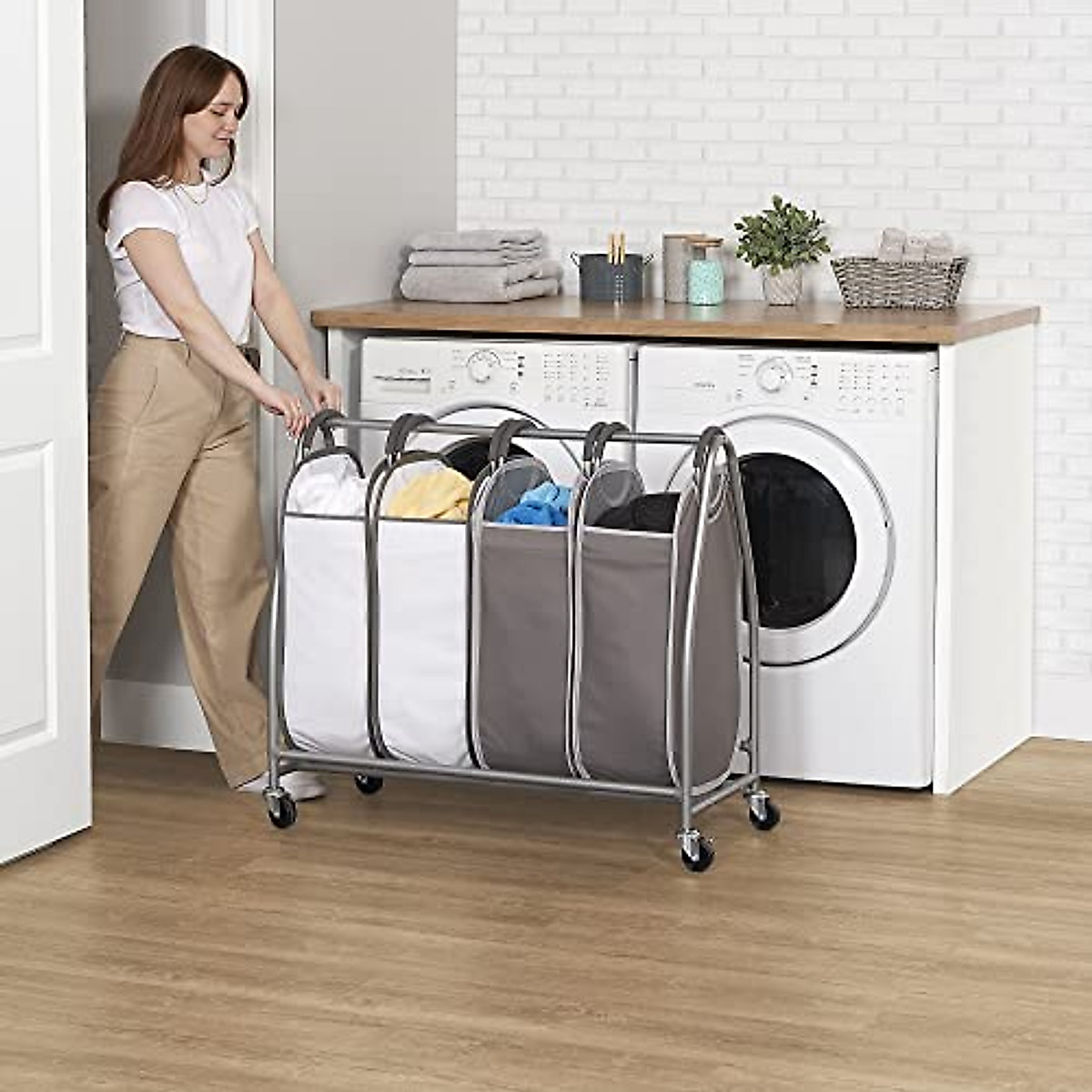 4 Pocket Laundry Hamper With Wheels by Neatfreak! - Rolling Storage Cart With 4 x Dirty Clothes Hamper Tote Bags For Towels, Blankets & Bathroom Organization - Quad Laundry Sorter - 39 x 16 x 35 in