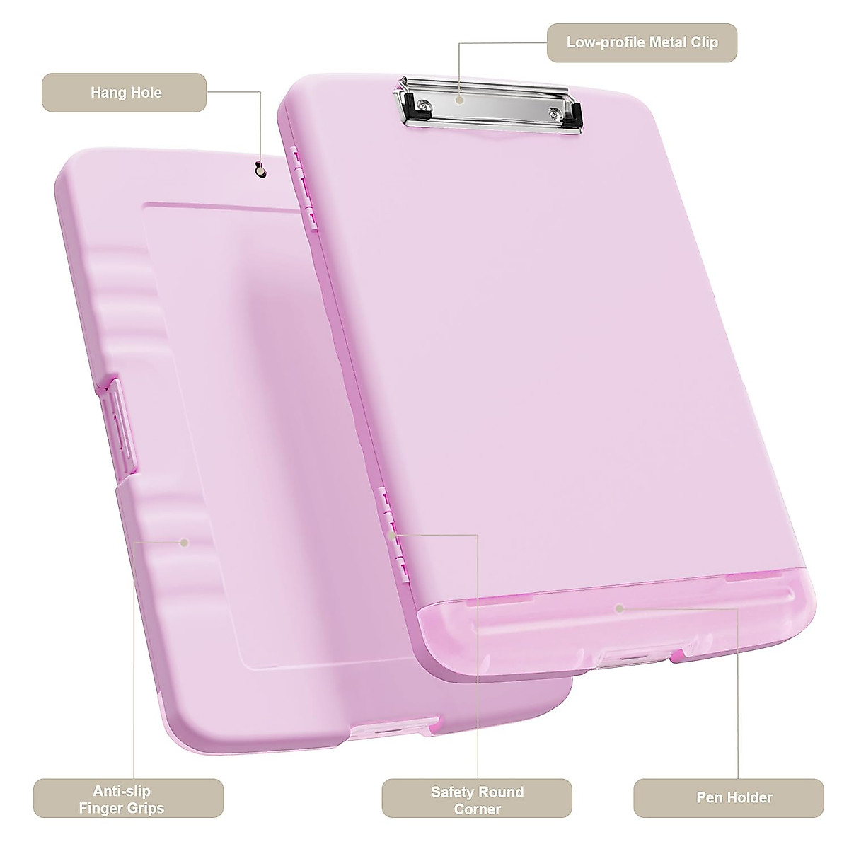 Piasoenc Clipboard with Storage, 8.5 x 11 Organization Box with Pen Holder and A4 Legal Paper Folder, Heavy Duty Plastic, Folio & Side-Opening, Low Profile Clip, for Teachers, Lawers, Deep Pink