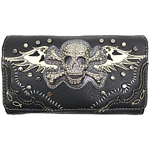 Justin West Women's Rhinestone Skull Crossbones with Angel Wings Shoulder Handbag (Black Wallet Only)