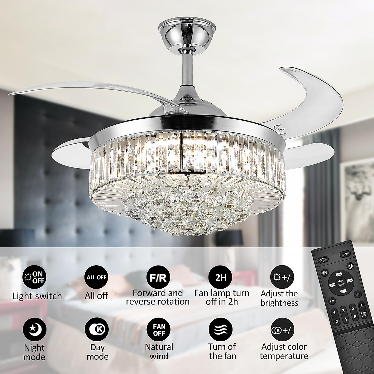 Panghuhu88 36" Invisible Ceiling Fan Chandelier Light,Modern Crystal Ceiling Fan Light Remote Control 4 Retractable ABS Blades for Bedroom Living Room Dining Room Decoration (Silver)