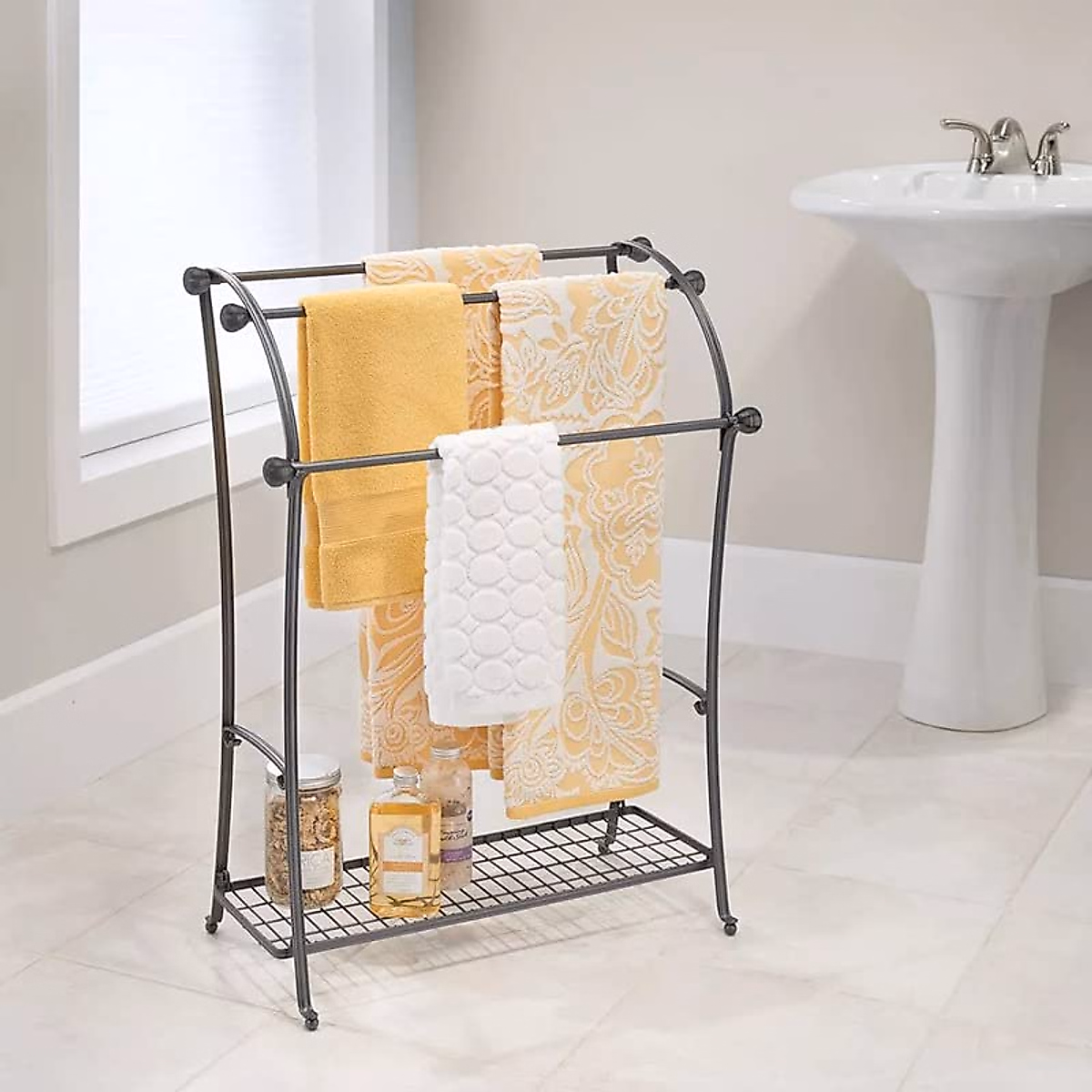 MYOYAY Freestanding Towel Rack with Storage Shelf 3-Tier Bathroom Towel Bar Rack Metal Quilt Rack Stand and Display Rack for Bathroom Bedroom Laundry Room