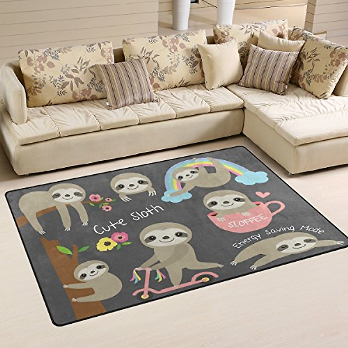 WOZO Cute Sloth Floral Rainbow Tree Area Rug Rugs Non-Slip Floor Mat Doormats Living Dining Room Bedroom Dorm 31 x 20 inches Home Decor