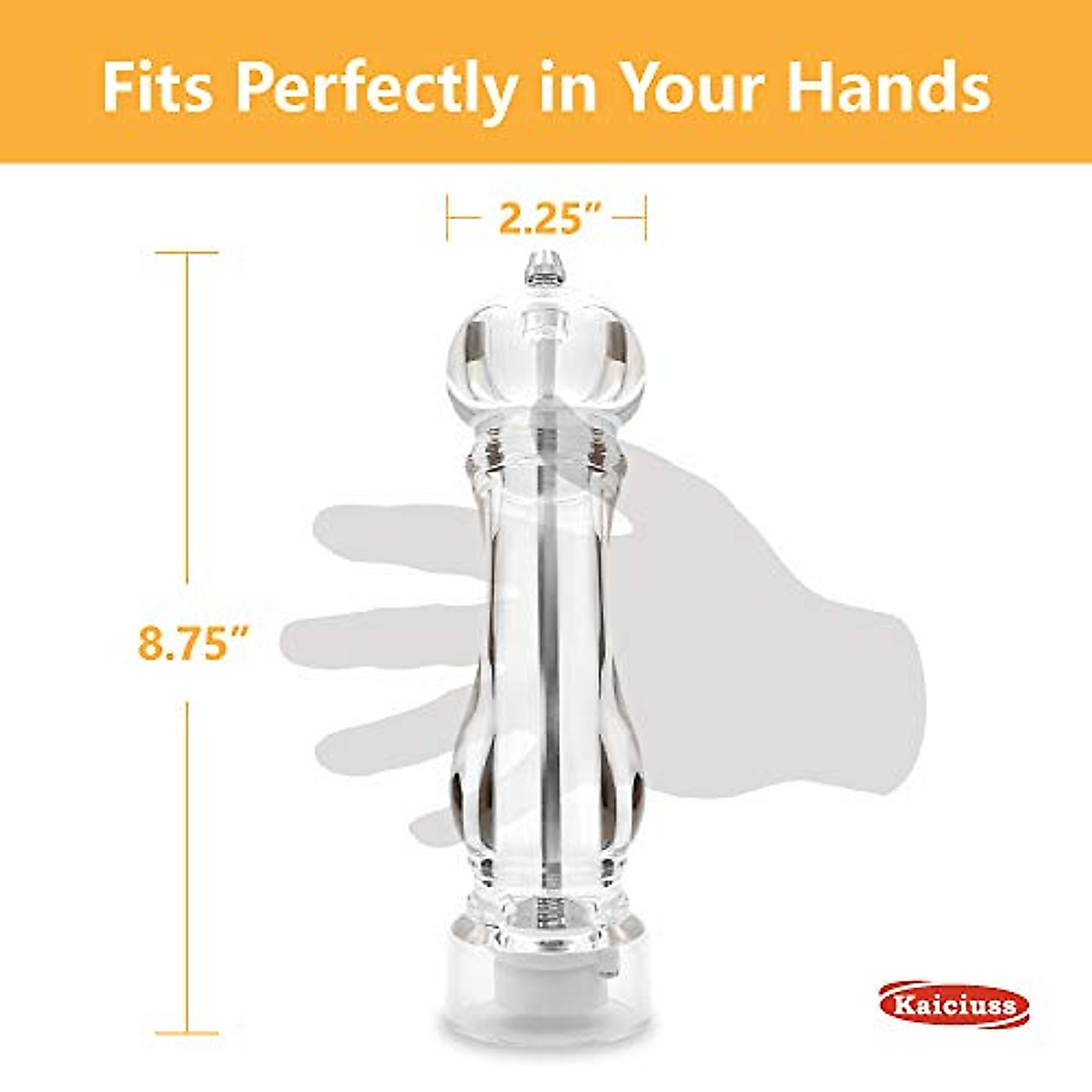 Kaiciuss Salt Pepper Grinder Mill Arcylic,the Best Peppercorn Grinder with Adjustable Mill-Clear