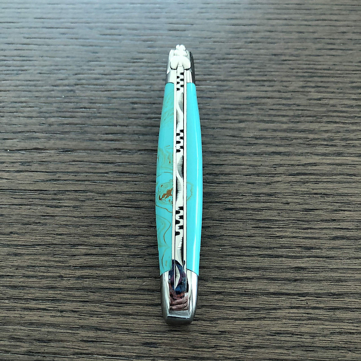 Laguiole en Aubrac Handmade Luxury Folding Pocket Knife, 4.8-in (12cm). Genuine Turquoise Handle, Hand Forged Bee, Stainless Steel Shiny Bolsters