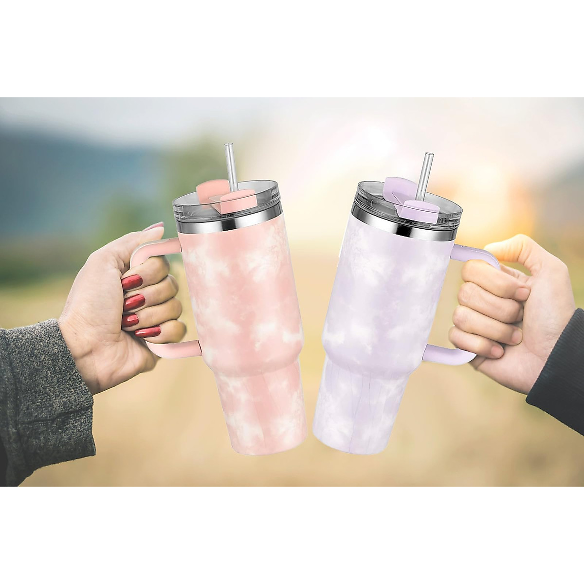 YOUEXPERT 30 oz Tumbler with Handle and Straw, 30oz Travel Cup Stainless Steel Water Bottle Outdoor Sports Tumblers - Green Tie Dye