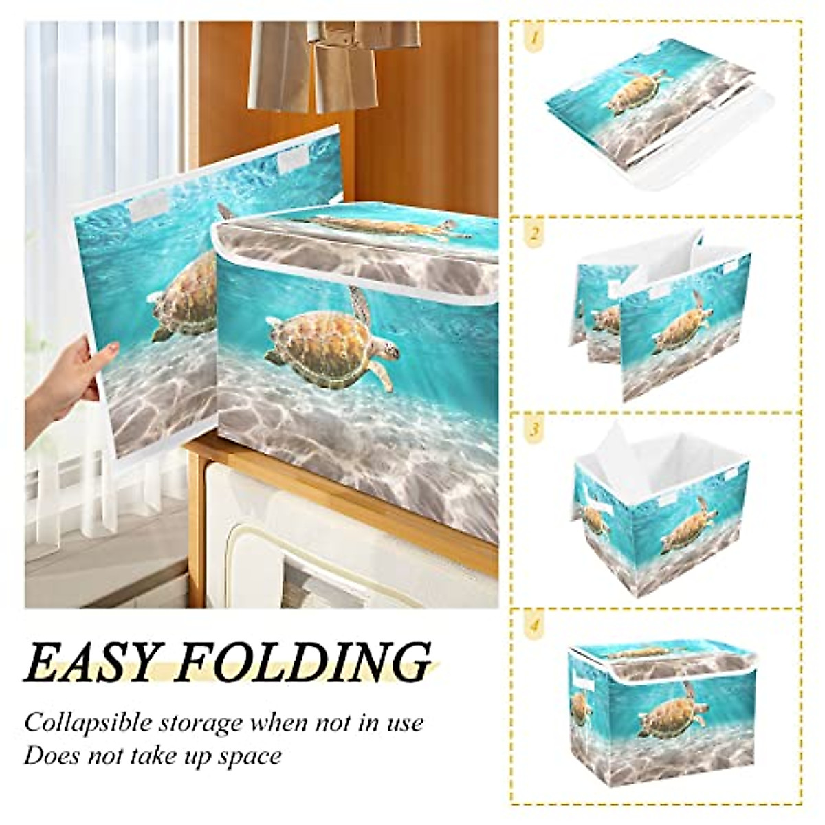 Kigai Storage Basket Underwater Sea Turtle Storage Boxes with Lids and Handle, Large Storage Cube Bin Collapsible for Shelves Closet Bedroom Living Room, 16.5x12.6x11.8 In