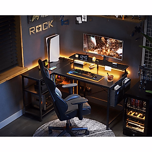 ODK 48 Inch Gaming Desk with USB Charging Ports and LED Lights, Reversible L Shaped Computer Desk with Storage Shelves & Monitor Stand, Corner Gamer Desk Table with Power Outlets, Black