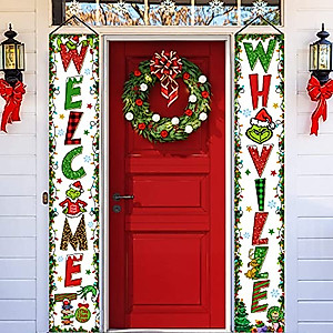 Whoville Christmas Decorations, Welcome To Whoville Banner, Green Monster Door Banner Welcome Porch Sign, The Green Monster Whoville Decorations for Outdoor Indoor Merry Christmas tineit