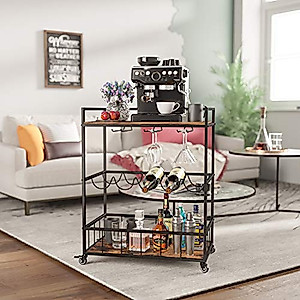 Industree Serving Cart on Wheels, 3-Tier Bar Cart with Wine Rack, Modern Wood and Metal Portable Coffee Cart Table for Home, Romantic Rustic Brown and Elegant Black, Family Party Cart(Max)