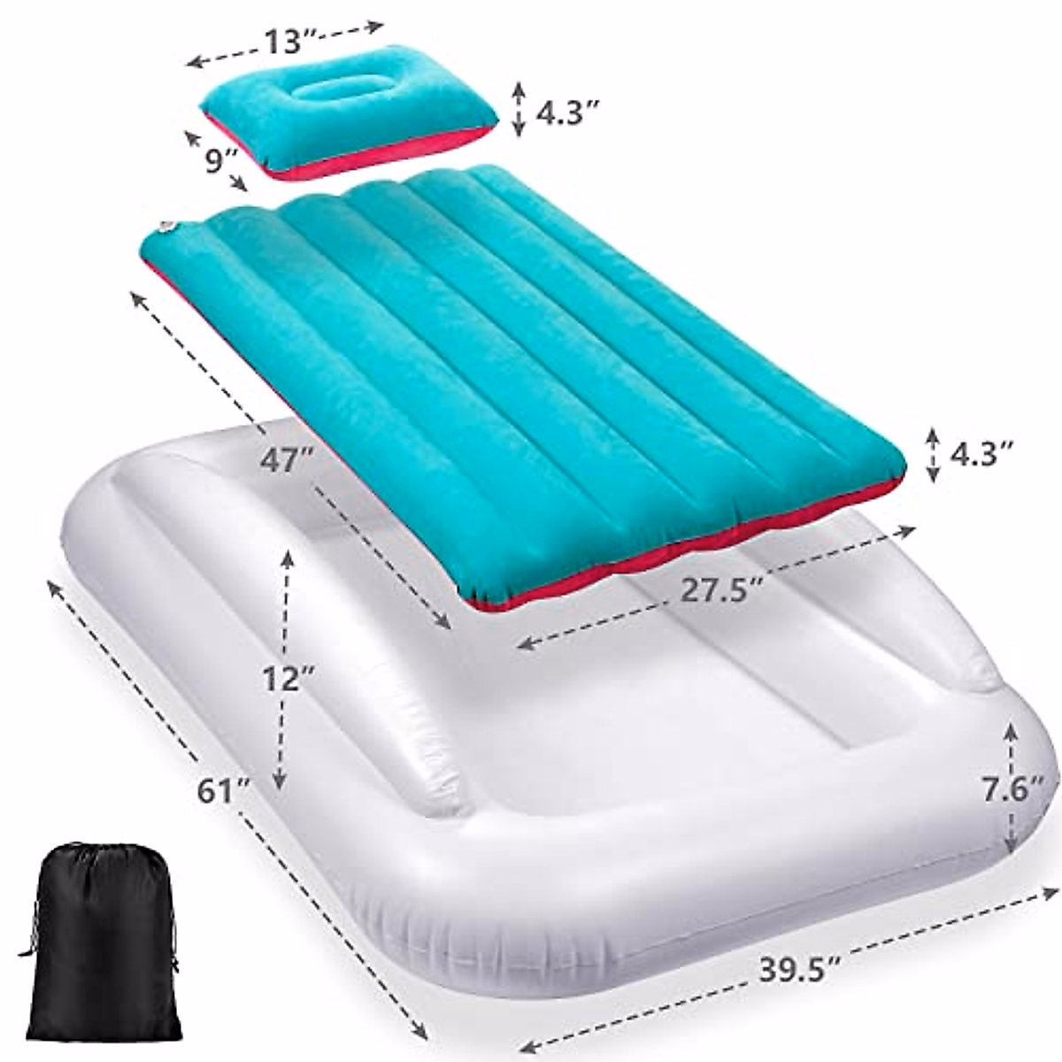 USHMA Toddler Travel Bed, Portable Toddler Bed for Kids | Toddler Air Mattress | Inflatable Travel Toddler Bed | Portable Toddler Bed for Travel | Set Includes Pump, Case, Pillow-Mint Green & Pink