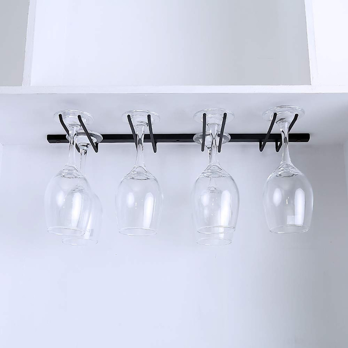 TIANGU Under Cabinet Wine Glass Rack,Stemware Rack Holds up to 8 Wine Glass,Hanging Wine Glass Holder,Metal Wine Glass Hanger,Glasses Organizer for Home Bar Kitchen(Black)