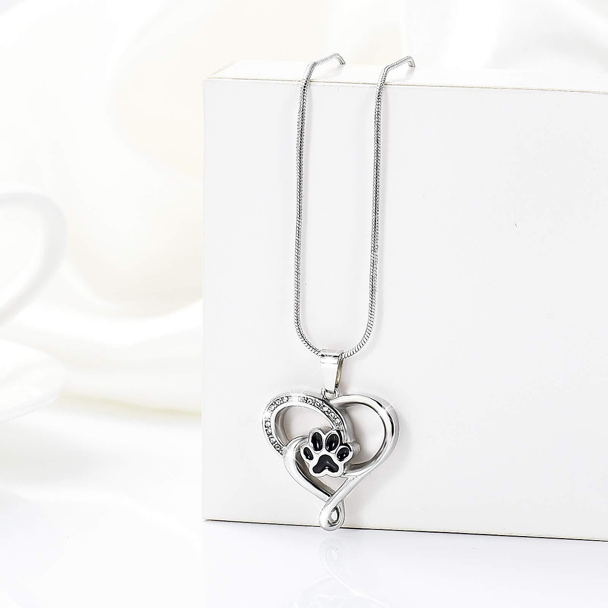 ADENLA Crystal Heart Urn Necklaces Cat Dog Paw Print Cremation Ashes Holder Pendant Necklace Pet Paw Footprint Ash Urn Jewelry for Pet