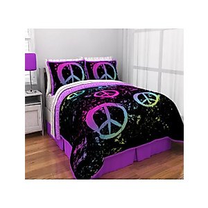 Latitude Modern Peace Sign Comforter Set, Queen, Black
