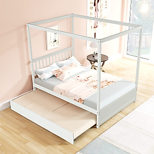 Bellemave Full Size Canopy Bed with Twin Trundle, Platform Bed with Headboard for Bedroom Guestroom Small Room, Solid Wood Bed Frame with Support Slats, Easy Assembly, No Box Spring Needed (White)