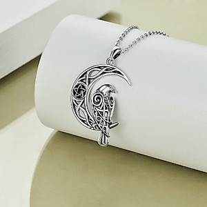 ONEFINITY Raven Necklace Sterling Silver Viking Celtic Crow Raven Pendant Crescent Moon Pentagram Amulet Wiccan Jewelry Christmas Gifts for Women Men