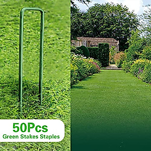 Bakulyor 50Pcs Green Landscape Staples 6 Inch Garden Artificial Turf Stakes Staples, 11 Gauge Lawn Galvanized Ground Fabric Pins for Weed Barrier Sod Decorations Holding Fence and Irrigation Tubing