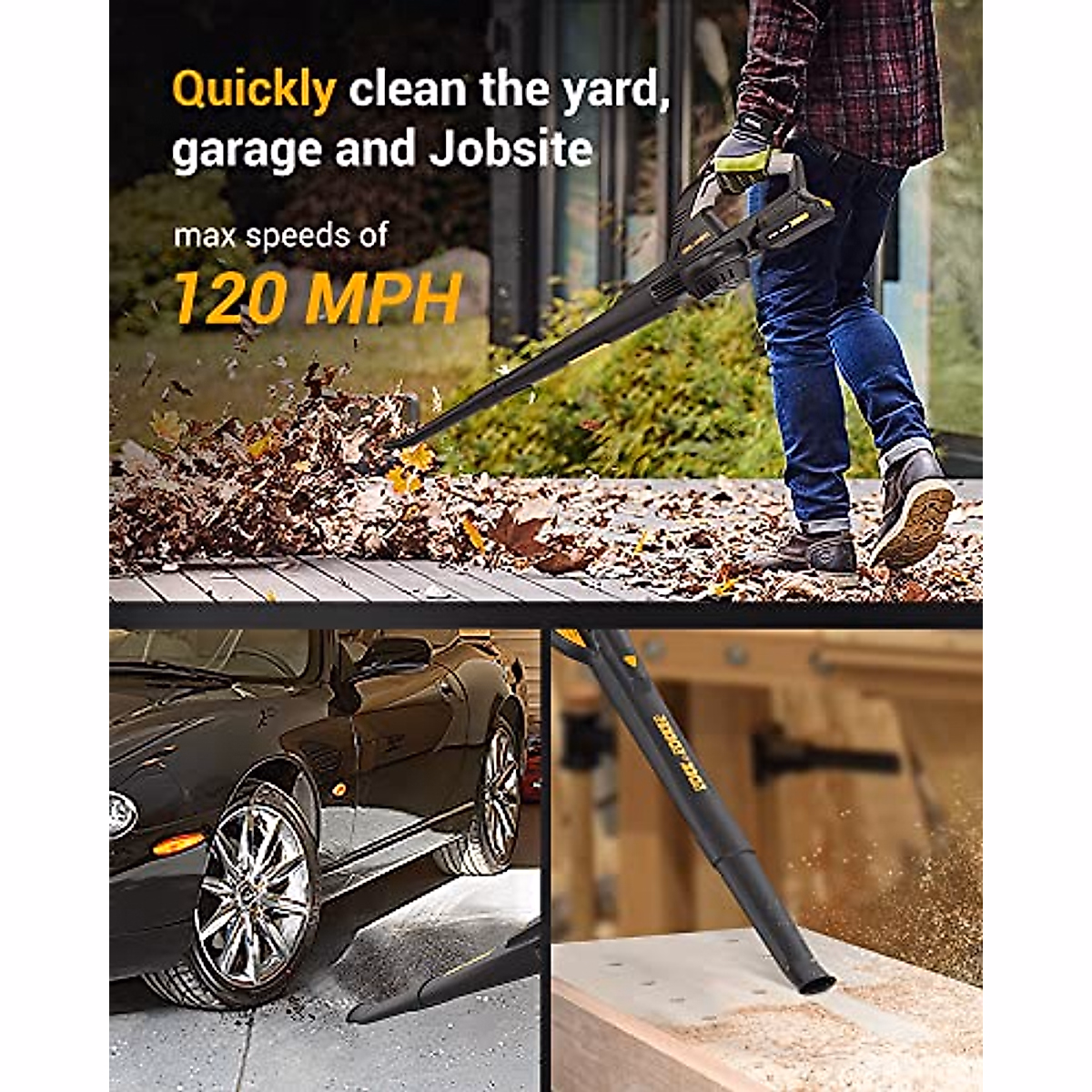 Cordless Leaf Blower with 2 X 20V Battery and Charger, Rock&Rocker Electric Leaf Blower 120MPH/170CFM 6 Adjustable Speeds and 2 Adjustable Tubes for Lawn Care/Yard/Jobsite/Patio