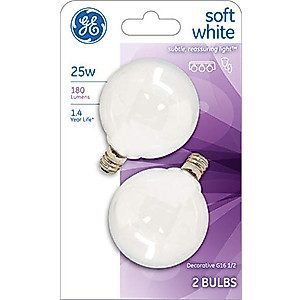GE White 44412 25-watt 180-Lumen Candelabra Base G16.5 Globe Light Bulb, Soft, 2 Count (Pack of 1)