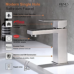KENES Single Handle Bathroom Sink Faucet, Brushed Nickel Vanity Faucet for Bathroom Sink, with Pop Up Drain Stopper & Water Supply Hoses LJ-9031