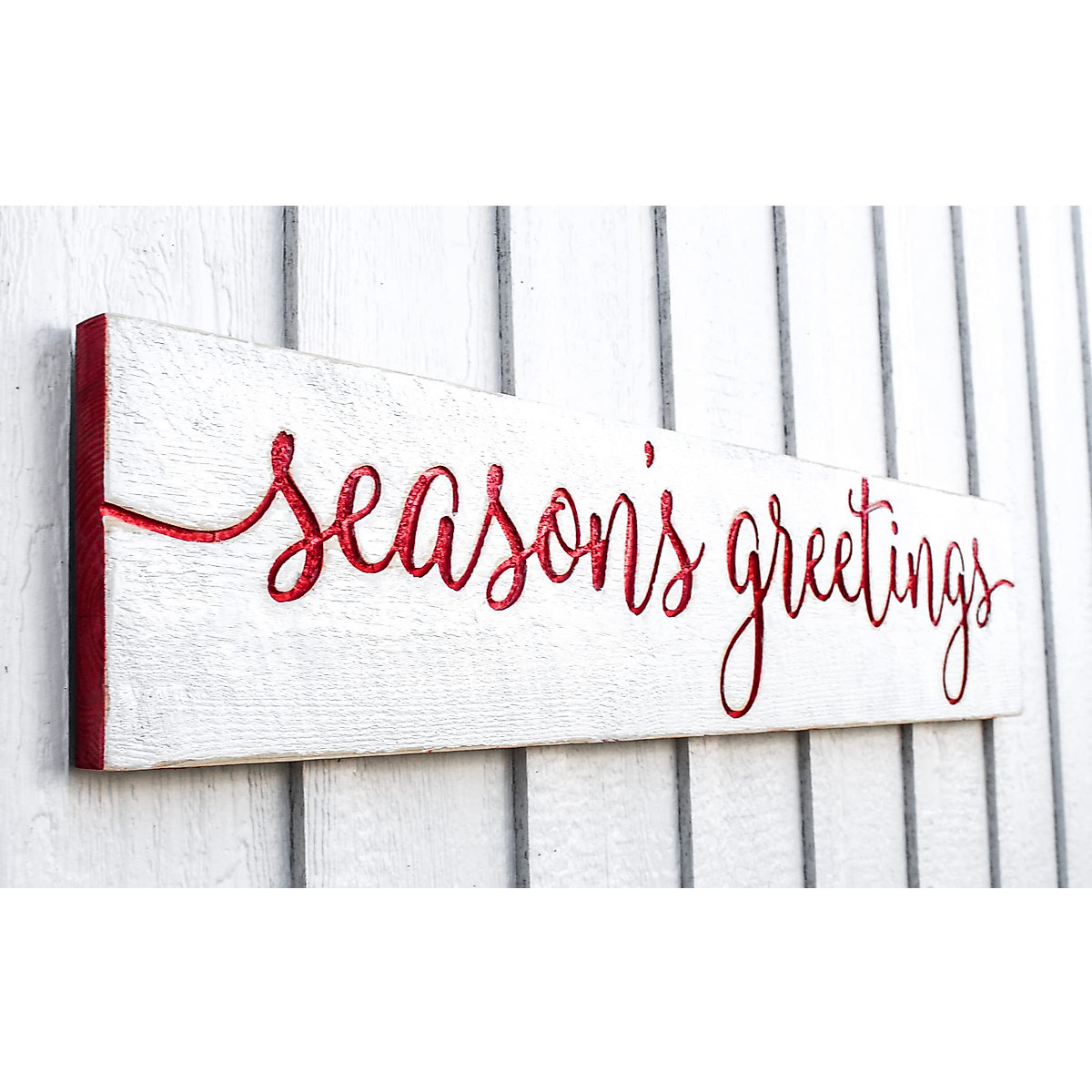 SEASON'S GREETINGS Sign - Carved in a 48"x10" Solid Wood Board | Rustic Distressed | Farmhouse Style | Festive Holiday Wall Art | Christmas Decor | Handmade in NC