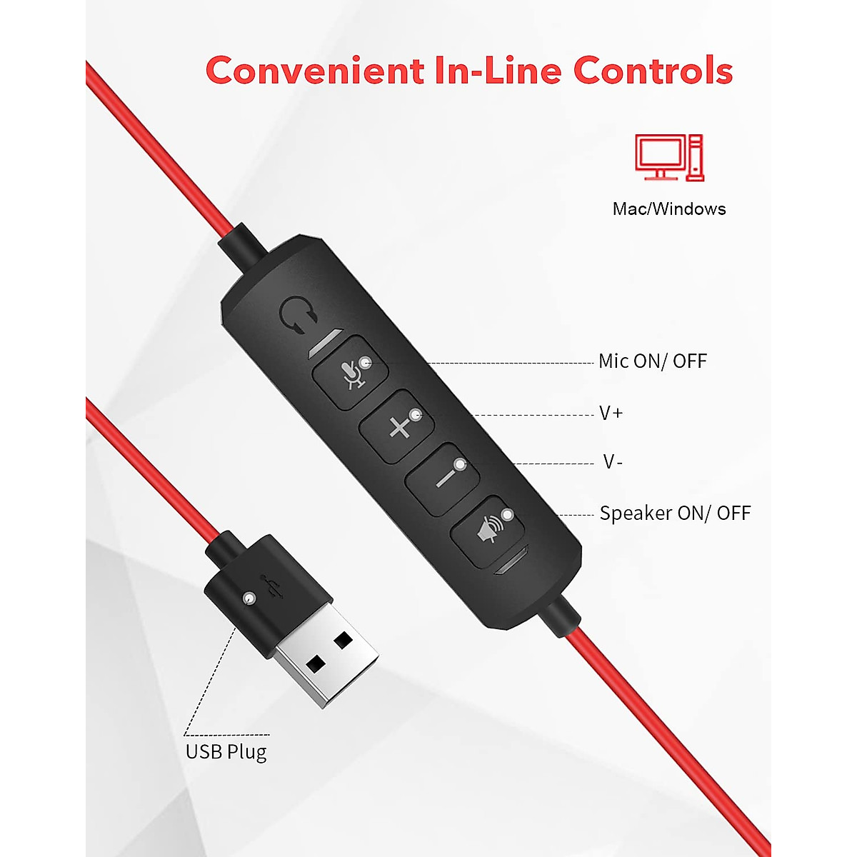 NUBWO HW03 USB Headset with Noise Canceling Microphone for PC, in-line Controls, Lightweight Wired Headset for PC, Mac, Laptop on Home, Office, Classroom, Chat, Online Class, Meeting