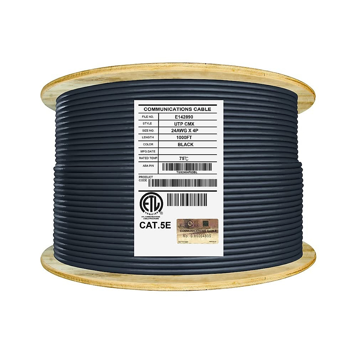 Elite Cat5e Outdoor Cable. CMX - UV Resistant, 1000ft, UL Listed, 24AWG, Unshielded, 350MHz, Bulk Reel, Black