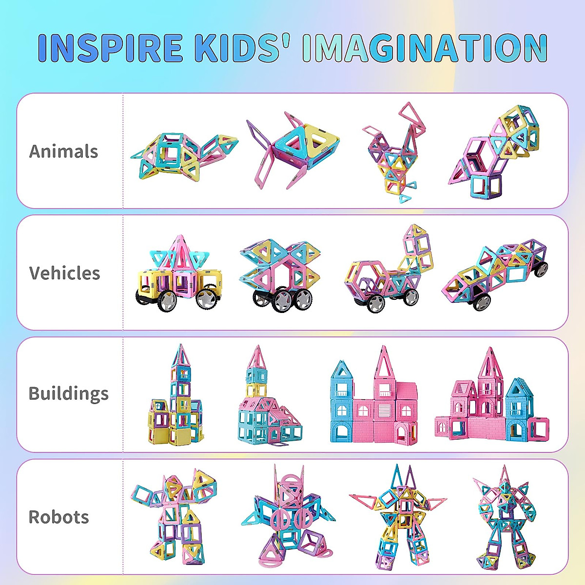 Magnetic Tiles Building Blocks Toys for Kids, 136 Pieces 3D Creative Castle Construction Magnetic Stacking Set Preschool Intelligence STEM Toys for Girls Boys Age 3years and Up (Macaron Color)