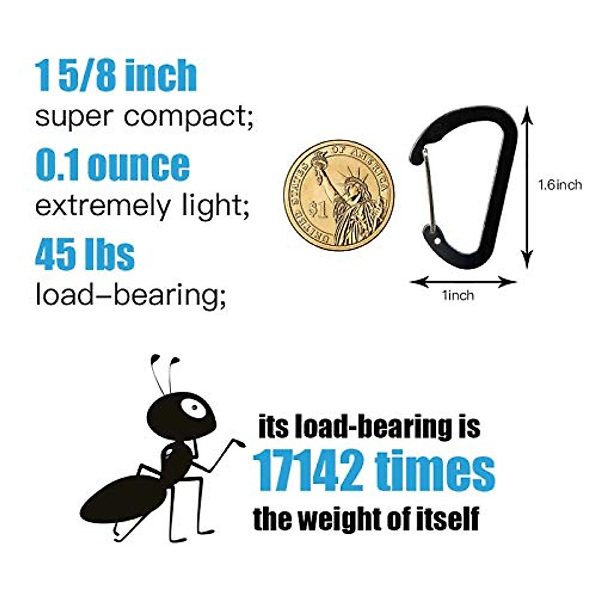 ABCOOL 10PCS Keychain Clips Mini Carabiner - 1 5/8inch Small Aluminum Durable Quick Release Auto Locking D-Shape Spring Loaded Wire Gate Clip for Home, Rv, Camping, Fishing, Hiking, Traveling