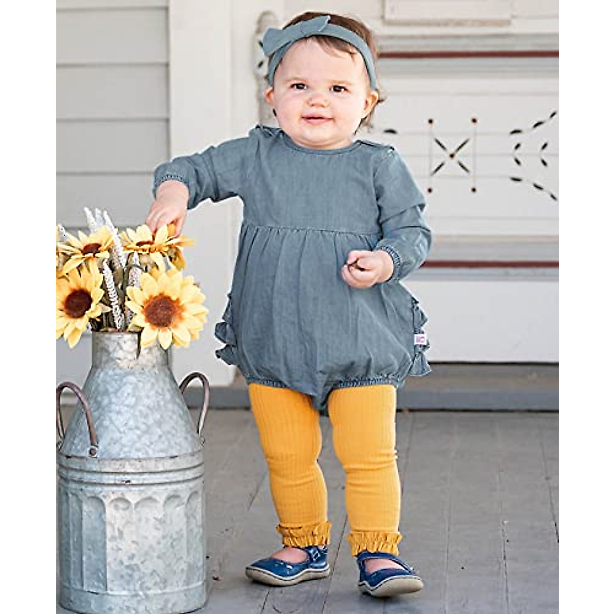 RuffleButts® Baby/Toddler Girls Light Wash Denim V-Back Bubble Romper - 0-3m