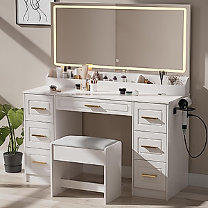 Homesflex Vanity Desk with Mirror and LED Lights, 43'' W Makeup Vanity Desk with Power Outlet, 3 Color Modes, 7 Drawers Vanity Table with Chair, Dressing Table for Bedroom, Dressing Room (White)