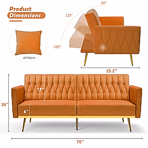 Lesofair 70” Velvet Futon with Adjustable Backrest and Armrests, Sofa Bed with with Extra Pillows for Waiting Room, Living Room and Office, Orange